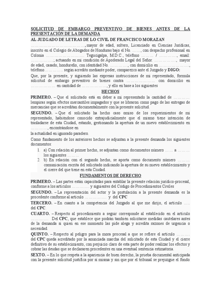 Embargo Preventivo para Bienes. | PDF | Demanda judicial | Mandato