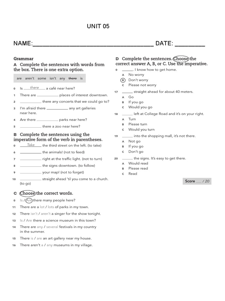 Openmind 1 Unit 5 Grammar and Vocabulary Test A | PDF | Linguistics