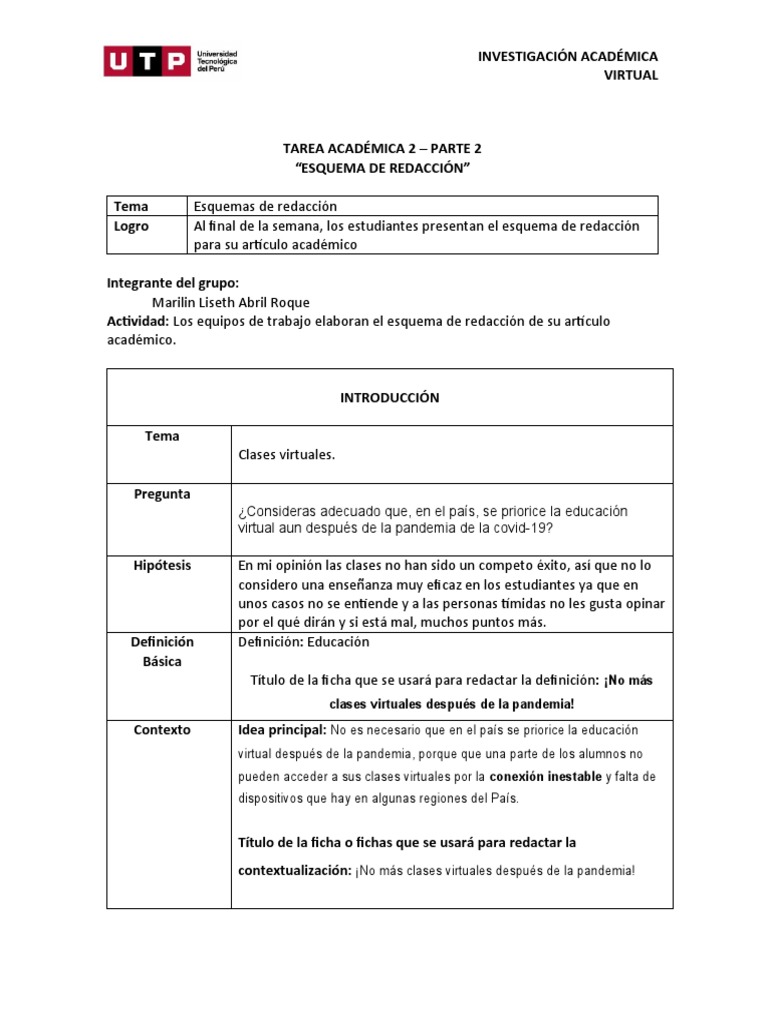 Semana 11 - Tarea Académica 2 - Parte 2 - Esquema de Redacción | PDF ... Semana 11 - Tarea Académica 2 - Parte 2 - Esquema de Redacción | PDF ...