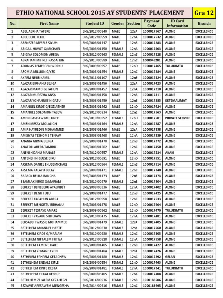Ethio National School G12 Student List | PDF