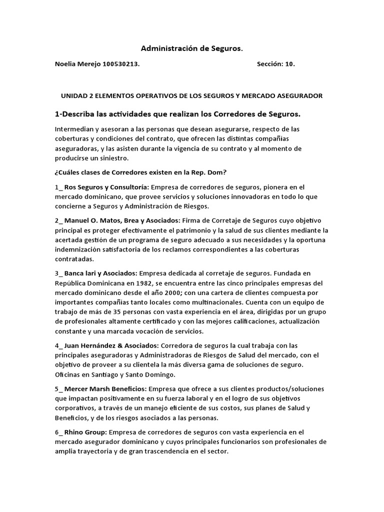 Unidad 2. Tarea Adm de Seguro. | Descargar gratis PDF | Seguro | Reaseguro
