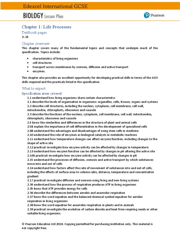 IGCSE - Bio - Lesson Plan 1 - Life Processes | PDF | Cell (Biology) | Cytoplasm