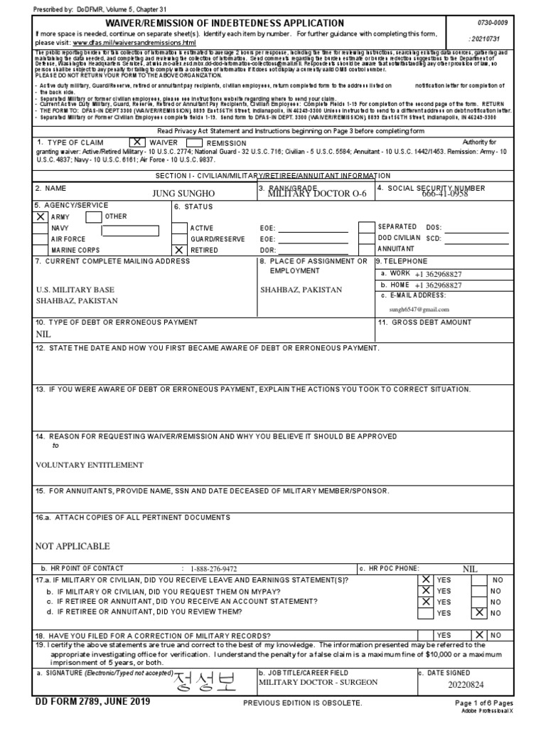 DD Form 2789, Waiver - Remission of Indebtedness Application, 20140917 ...