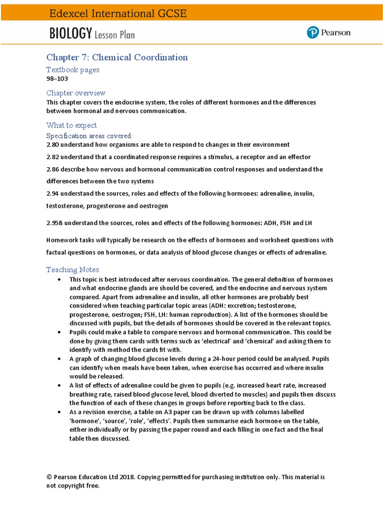 IGCSE Bio Lesson Plan 7 Chemical Coordination | PDF | Hormone ...