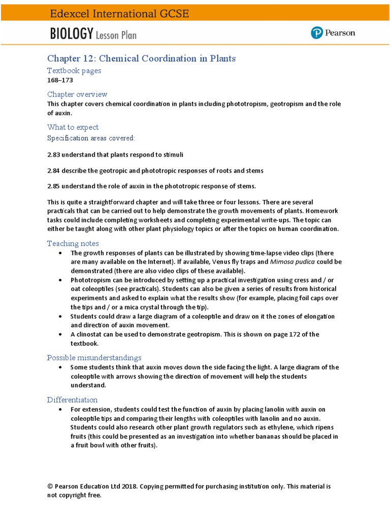 IGCSE - Bio - Lesson Plan 12 - Chemical Coordination in Plants | PDF | Auxin | Plants