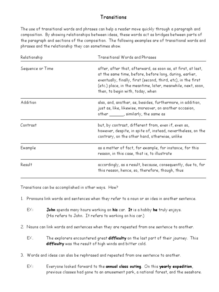 Transitions | PDF | Sentence (Linguistics) | Noun