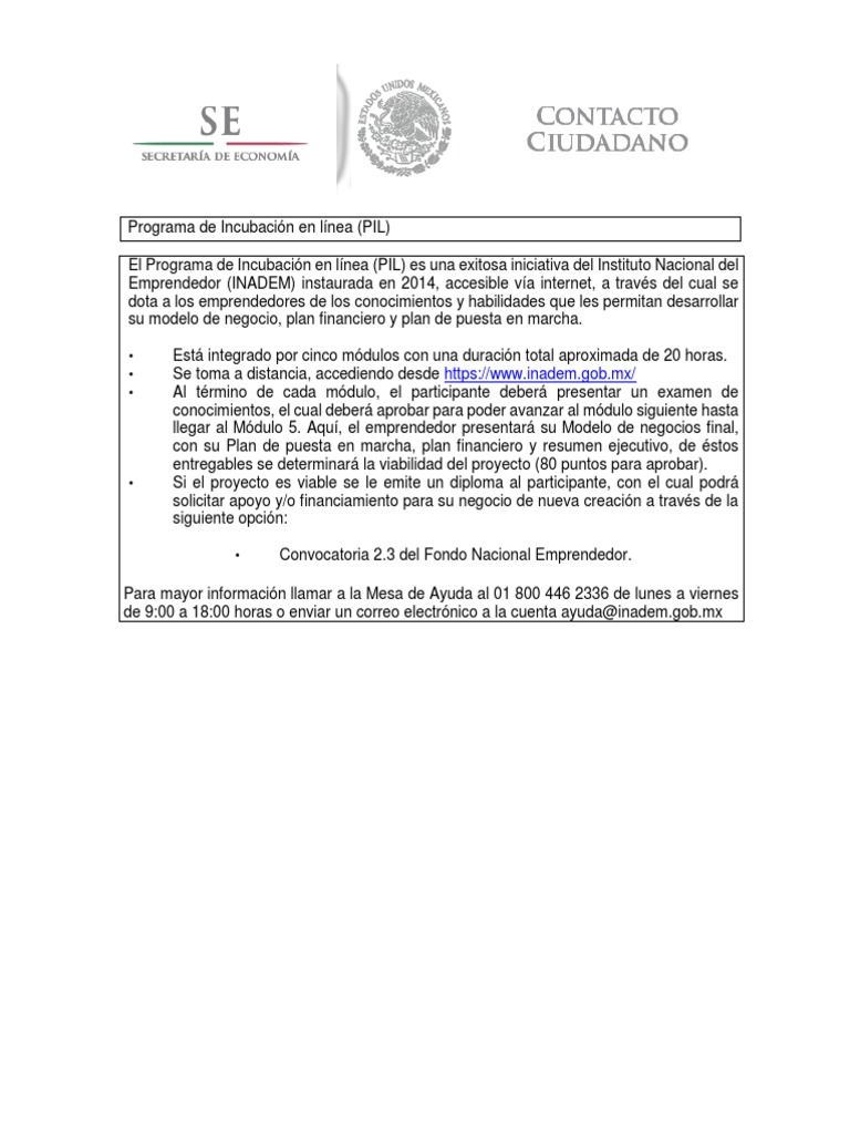 2.1.8 Programa de Incubaci N en L Nea PIL | PDF | Crecimiento personal y profesional | Negocios
