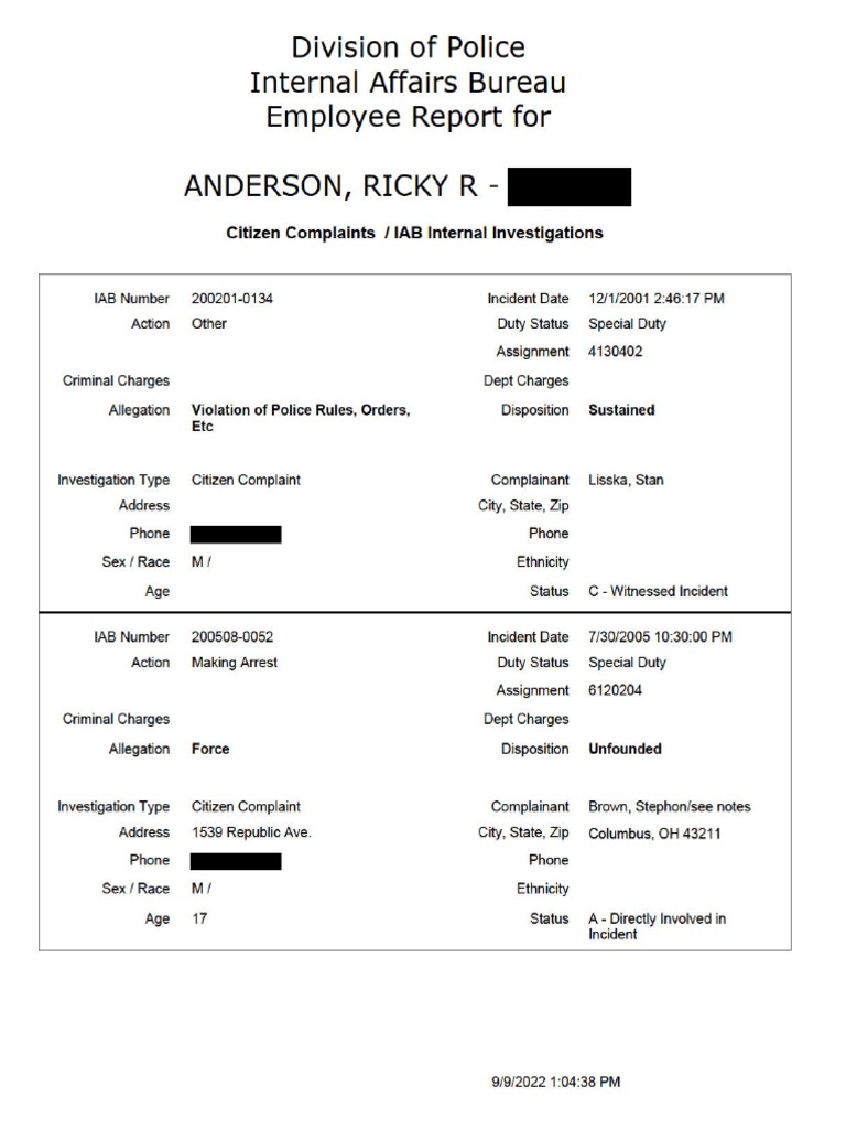 Ricky Anderson Internal Investigations | PDF