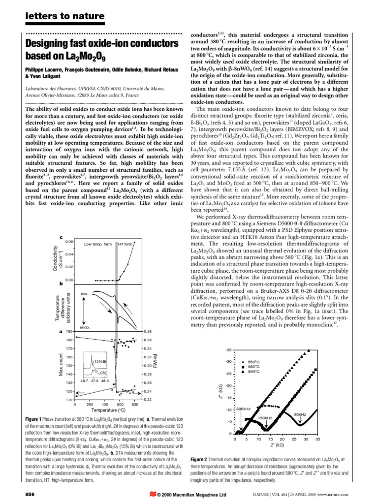 Designing Fast Oxide-Ion Conductors Based On La2Mo2O9 by P. Lacorre, Nature (2000) | PDF ...