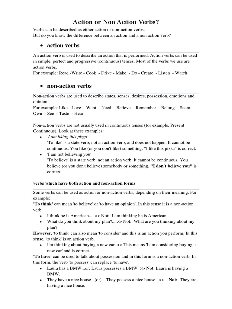 Action-Non Action Verbs | PDF