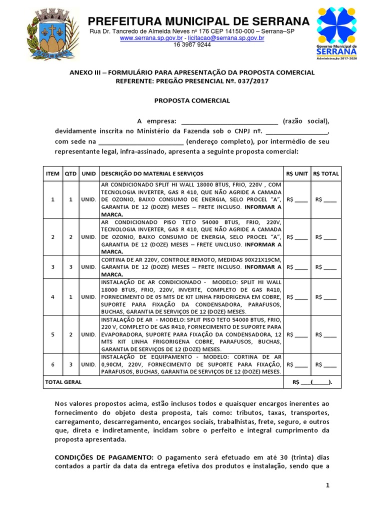 Proposta Comercial para Pregão 037/2017 | PDF | Finanças e ...