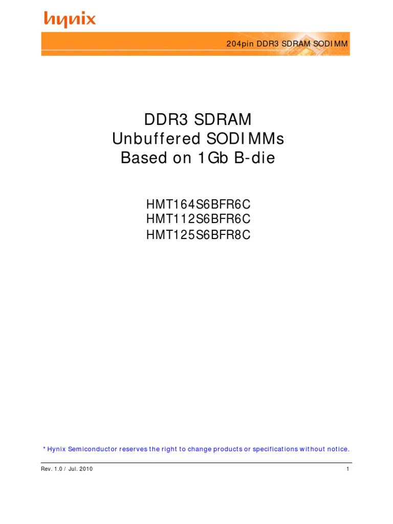 Ddr3 Sdram Unbuffered Sodimms Based On 1Gb B-Die: Hmt164S6Bfr6C Hmt112S6Bfr6C Hmt125S6Bfr8C ...