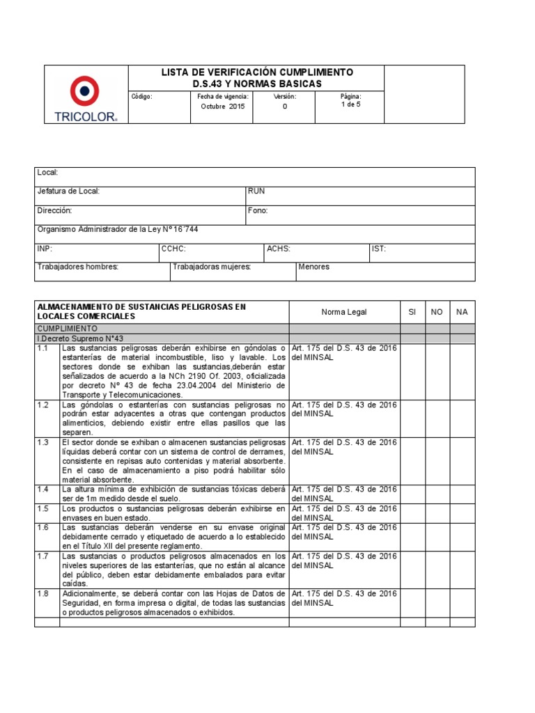 Check List Cumplimiento DS 43 y Condiciones Básicas Fiscalizadas | PDF ...