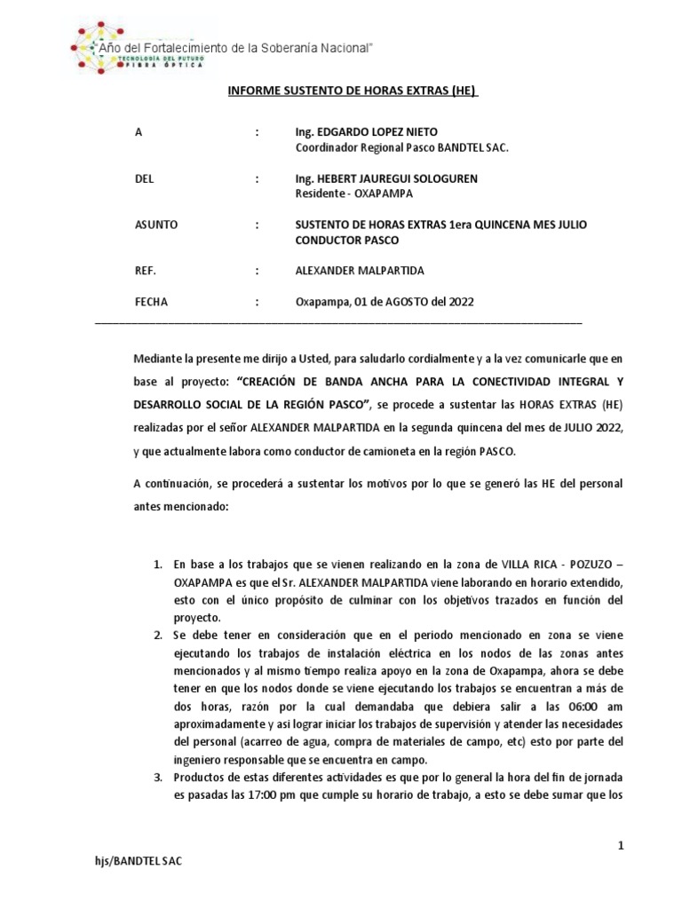 Informe Sustento de Horas Extras-Alexander Julio 1era Quincena | PDF