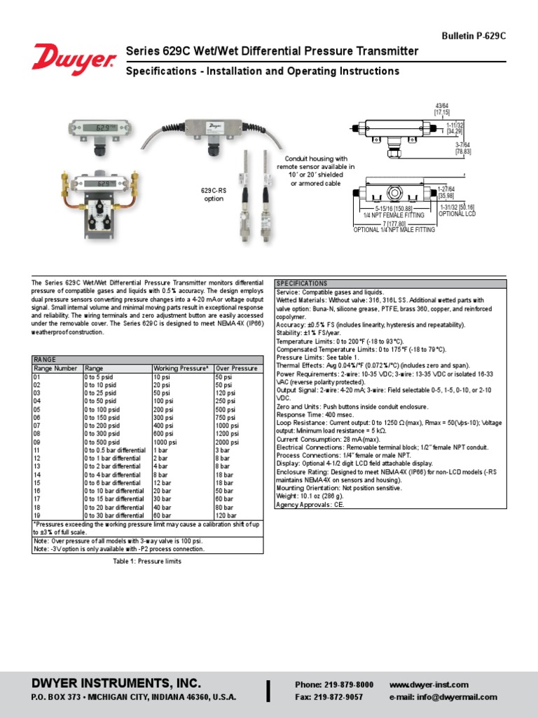Series 629C Wet/Wet Differential Pressure Transmitter: Specifications ...