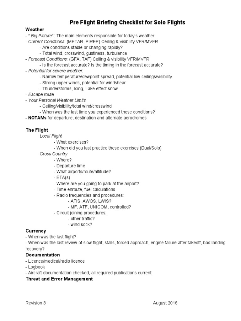 Pre Flight Briefing Checklist for Solo Flights | PDF | Instrument ...