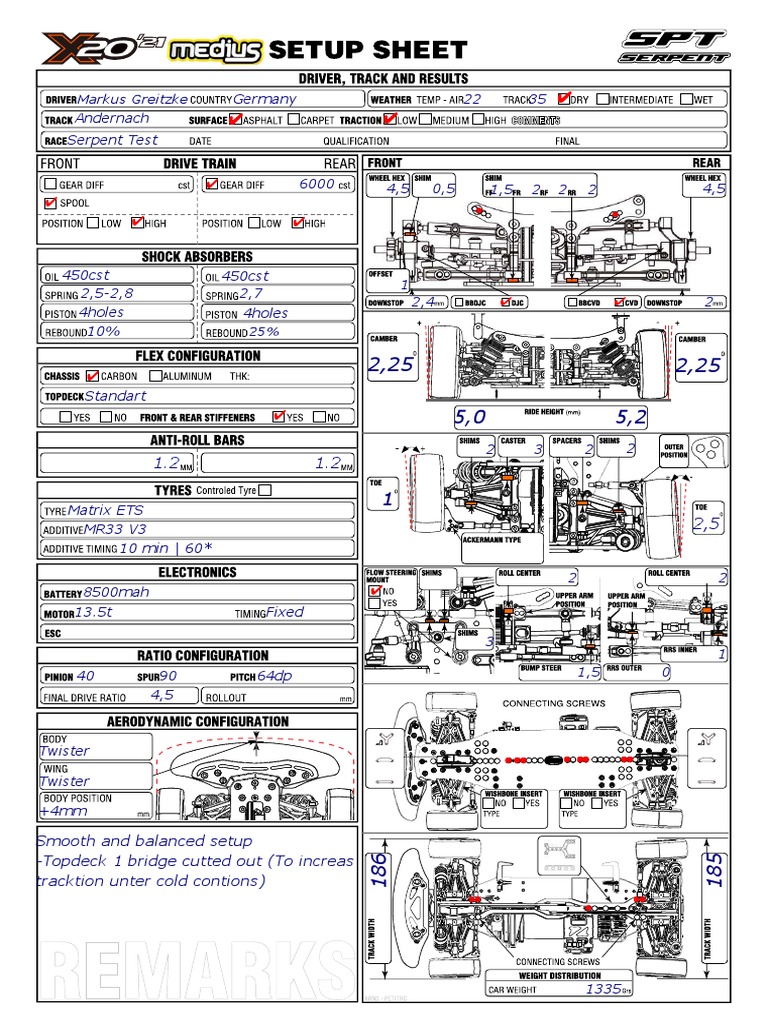 Serpent X20 '21 Setup Sheet Asphalt Low Traction | PDF | Vehicle ...