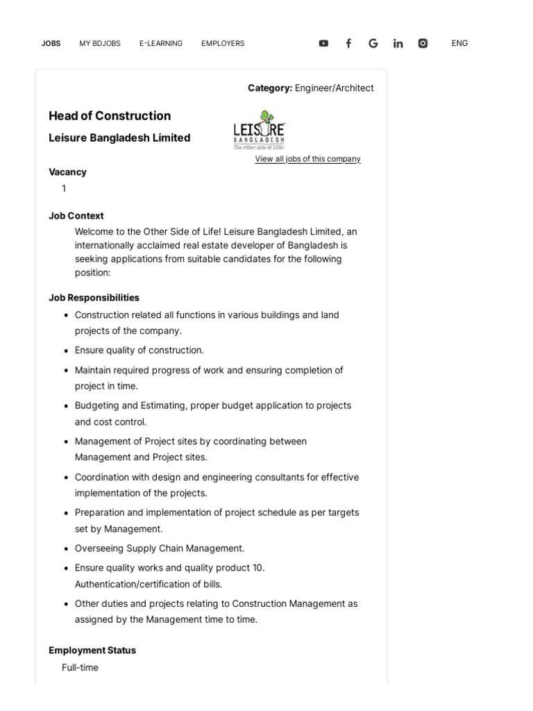 Head of Construction - Leisure Bangladesh Limited | PDF | Mobile App ...
