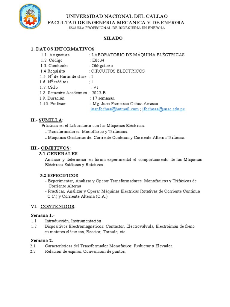 Silabo Laboratorio Maquinas | PDF | Corriente eléctrica | Transformador