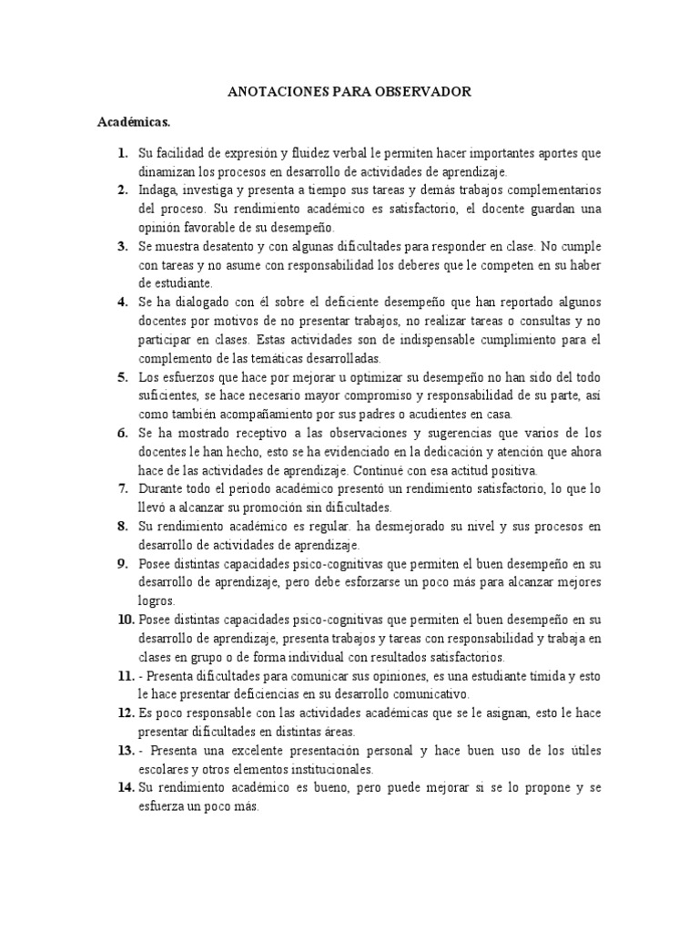 Anotaciones para Observador | PDF | Aprendizaje | Salón de clases