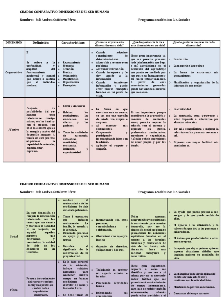 Cuadro Comparativo Dimensiones Del Ser Humano | PDF | Autoestima | Memoria