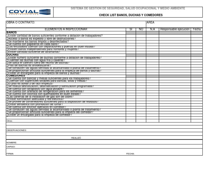 Checklist de inspección de baños, duchas y comedores en obra | PDF