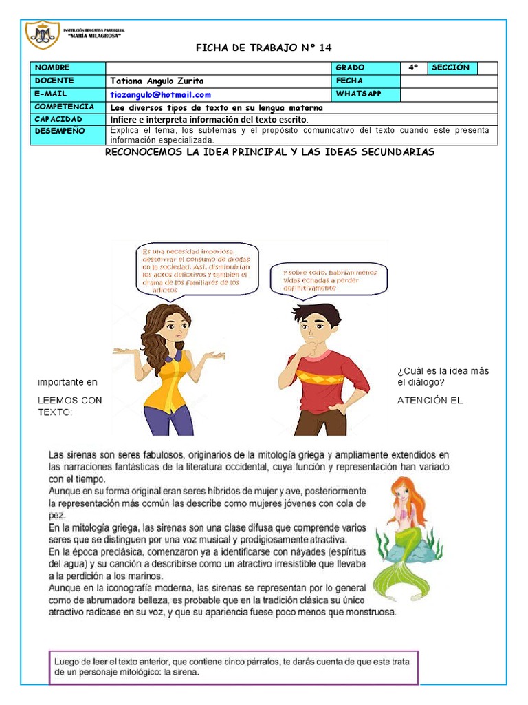 Ficha de Trabajo # 14 Reconocemos La Idea Principal y Las Ideas ...