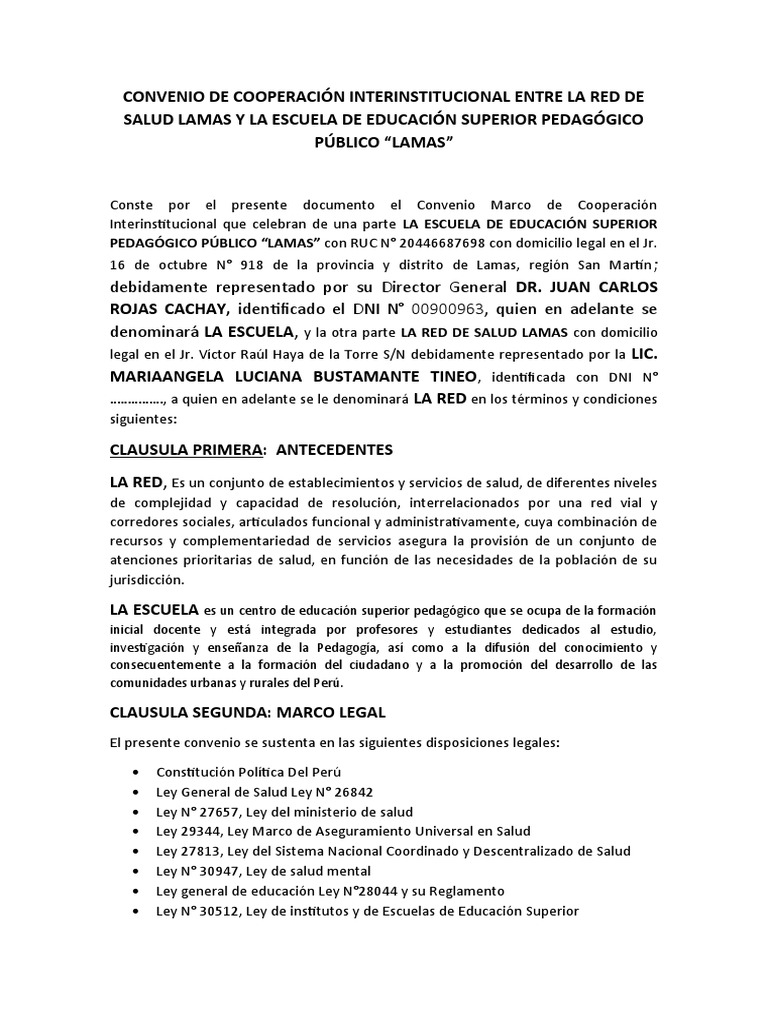 Convenio de Cooperación Interinstitucional Entre La Red de Salud Lamas ...