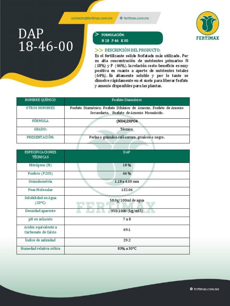 Ficha Tecnica Dap (18-46-00) | PDF | Fertilizante | Amonio