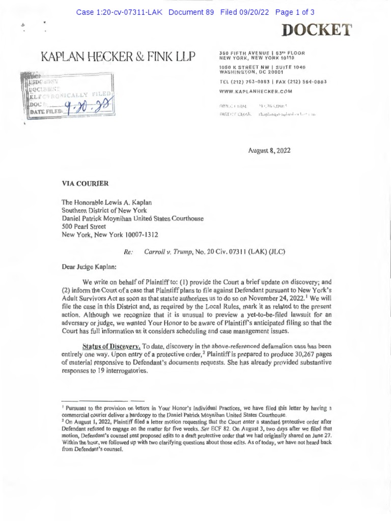 Update on Carroll v. Trump Case | PDF | Discovery (Law) | Deposition (Law)