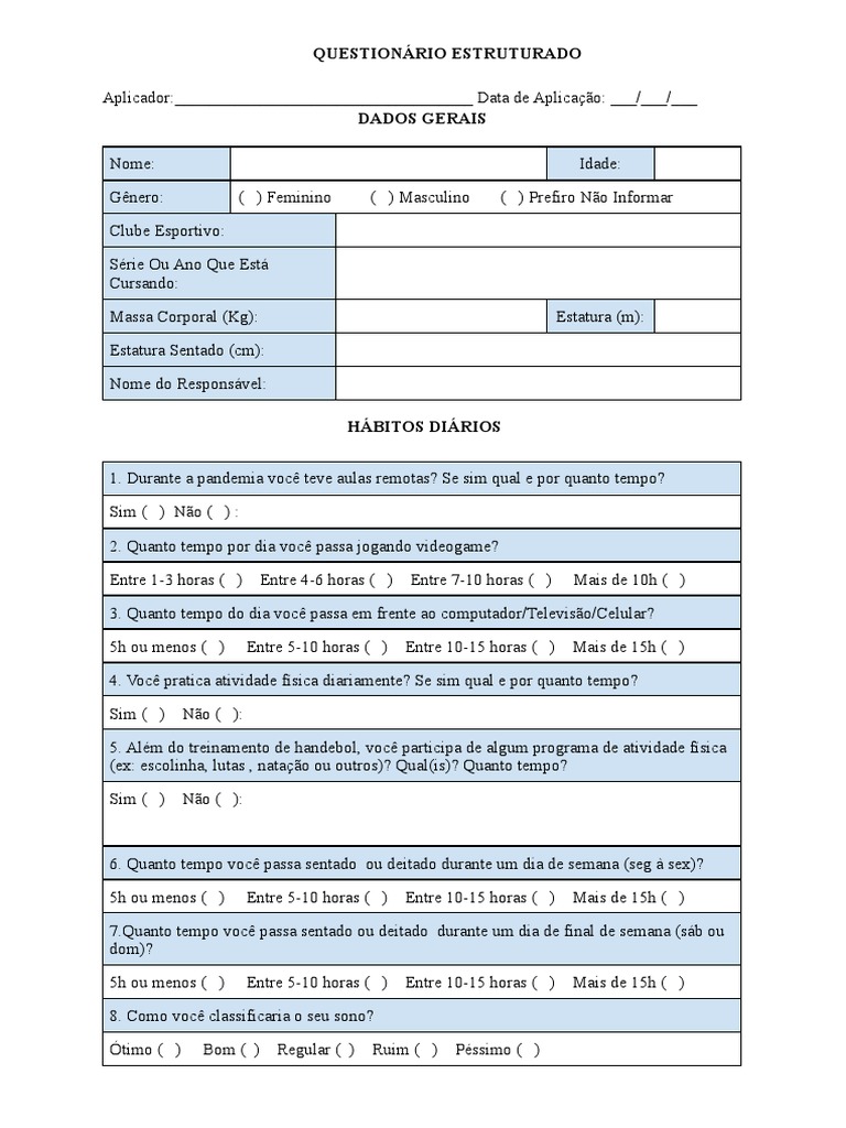 Questionário Estruturado | PDF | Estilo de vida