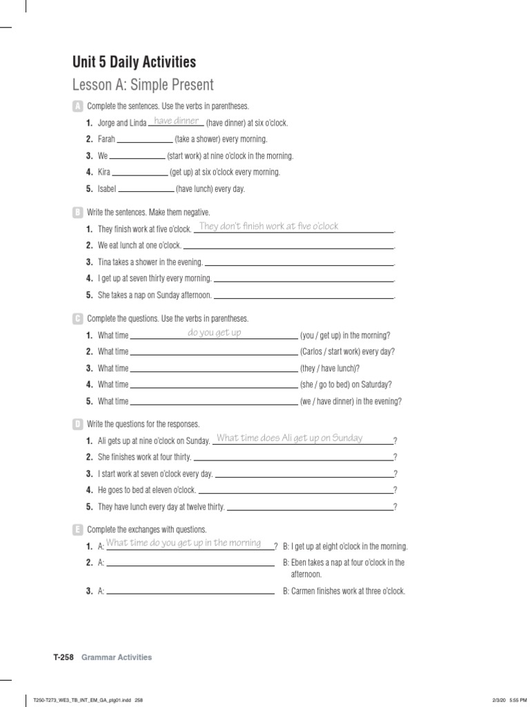 World English 3e Level Intro Grammar Activities Unit 5 Lesson A | PDF ...