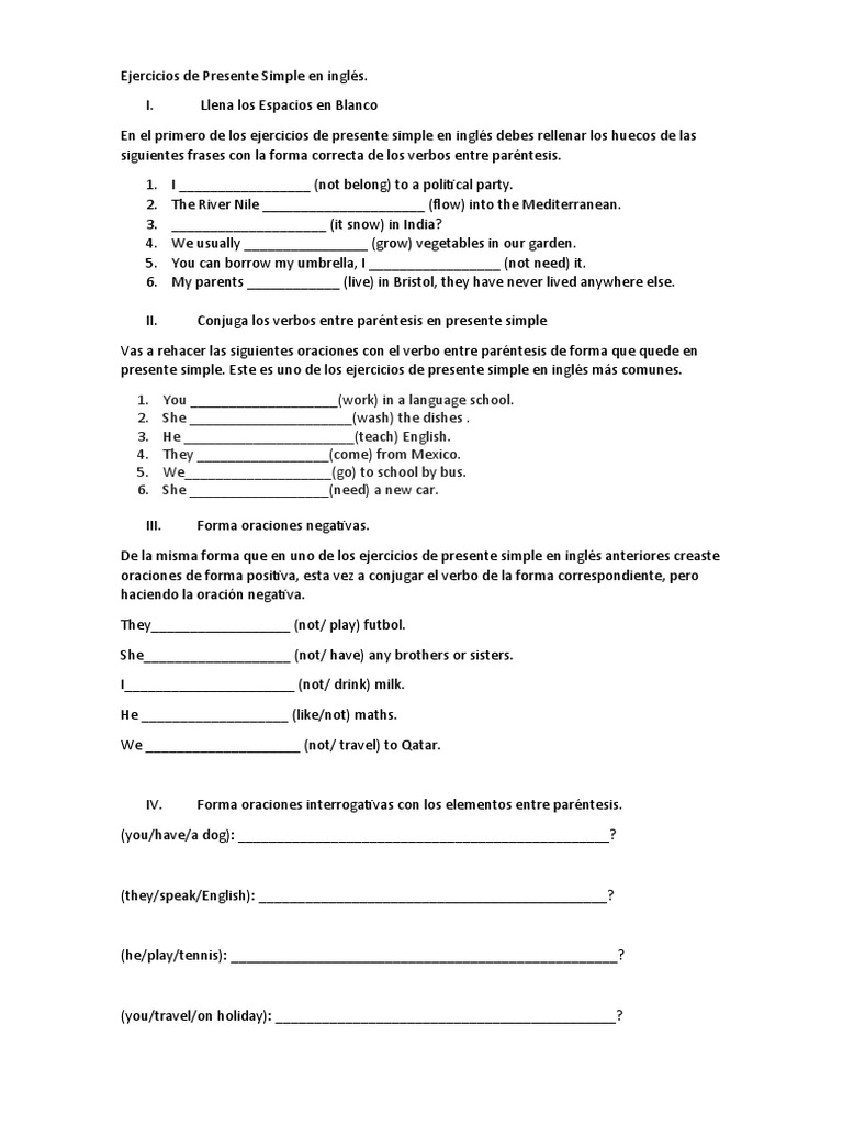 Ejercicios de Presente Simple en Inglés | PDF