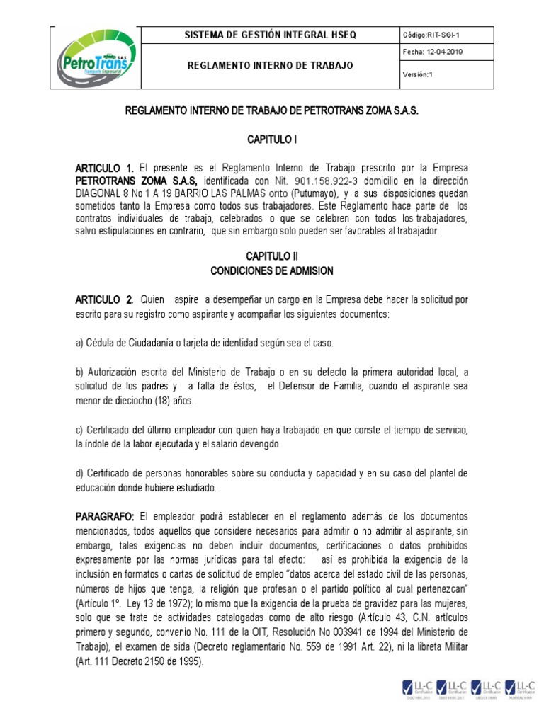 Reglamento Interno de Trabajo.. | PDF | Salario | Salario mínimo