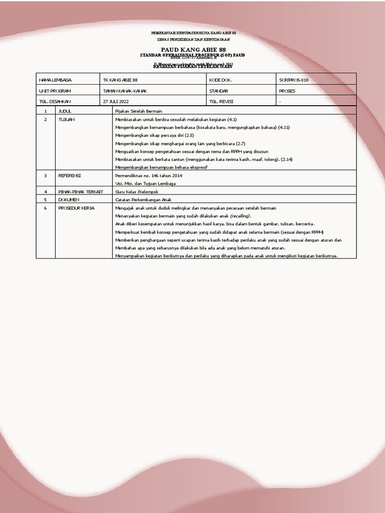 Sop Paud Kegiatan Pijakan Setelah Main Merdeka | PDF