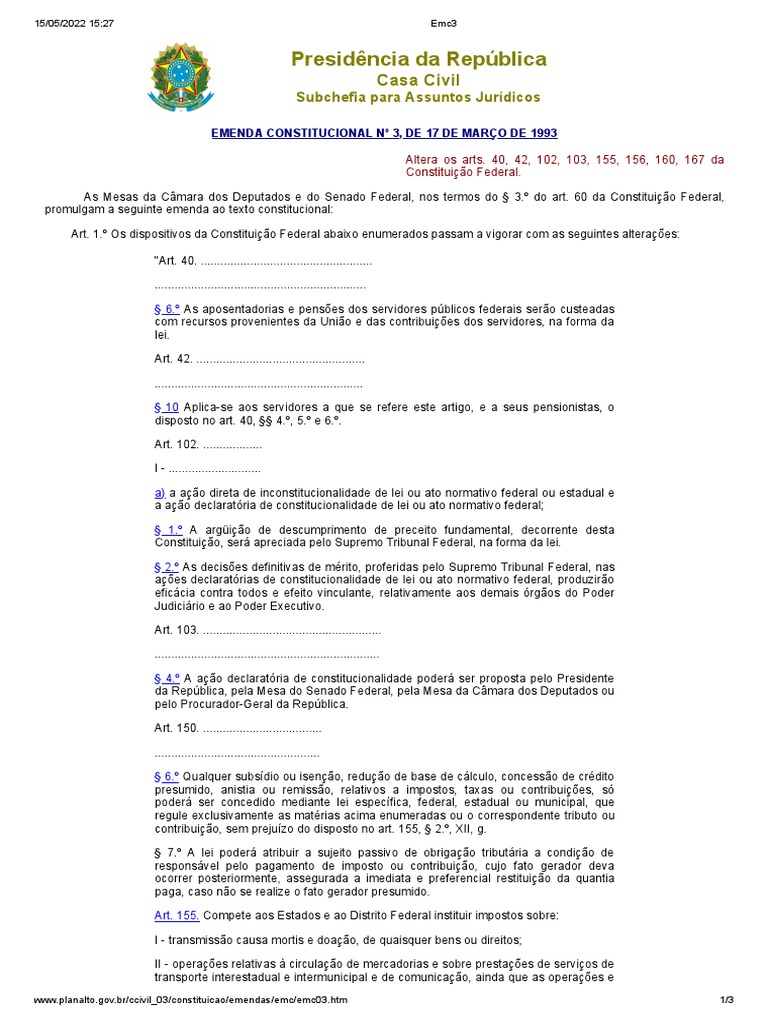 Emenda Constitucional Nº 3 de 1993 | PDF | Emenda Constitucional | Impostos