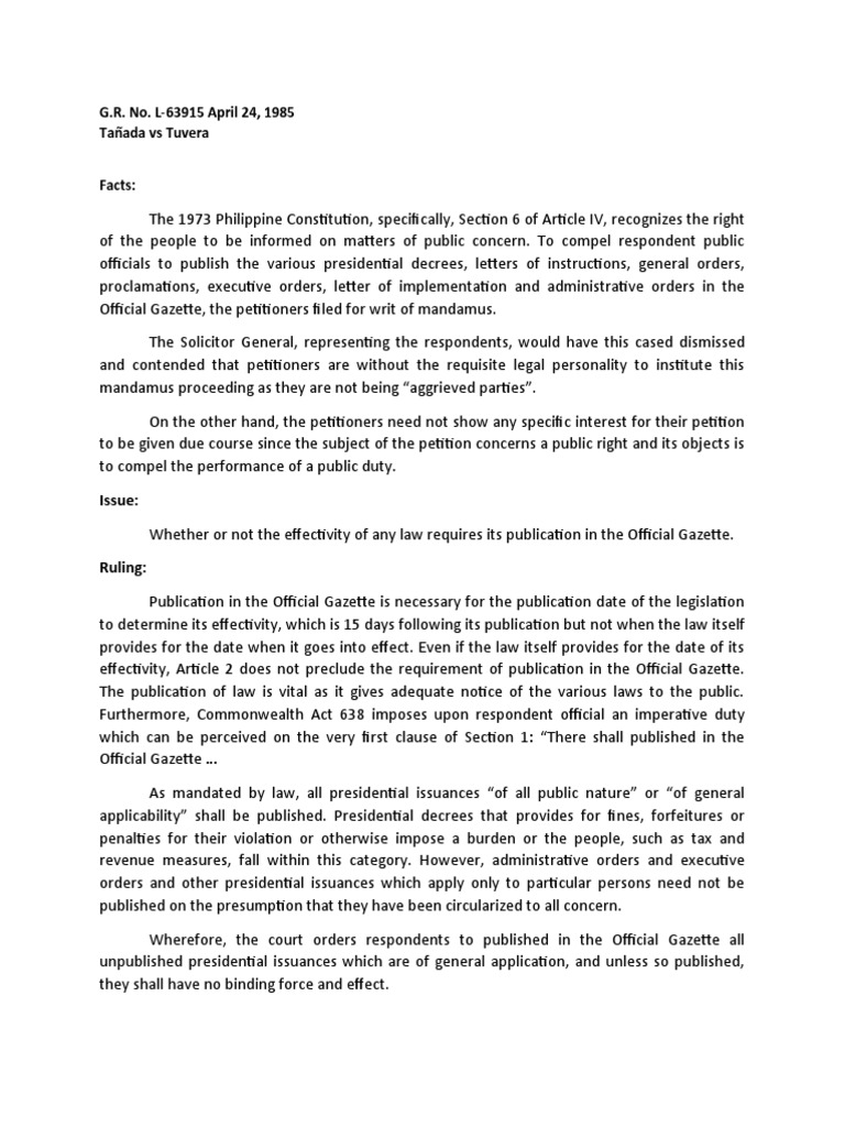Case Digest - Tanada vs. Tuvera | PDF | Mandamus | Legal Documents