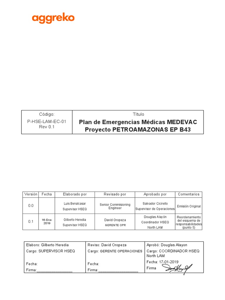2019 Plan de Emergencias Médicas MEDEVAC Proyecto PETROAMAZONAS EP B43 | PDF | Lesión | Ambulancia