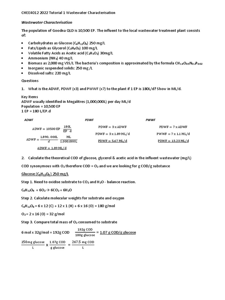 Week 1 Tutorial Wastewater Characterisation Solutions | PDF | Glucose ...