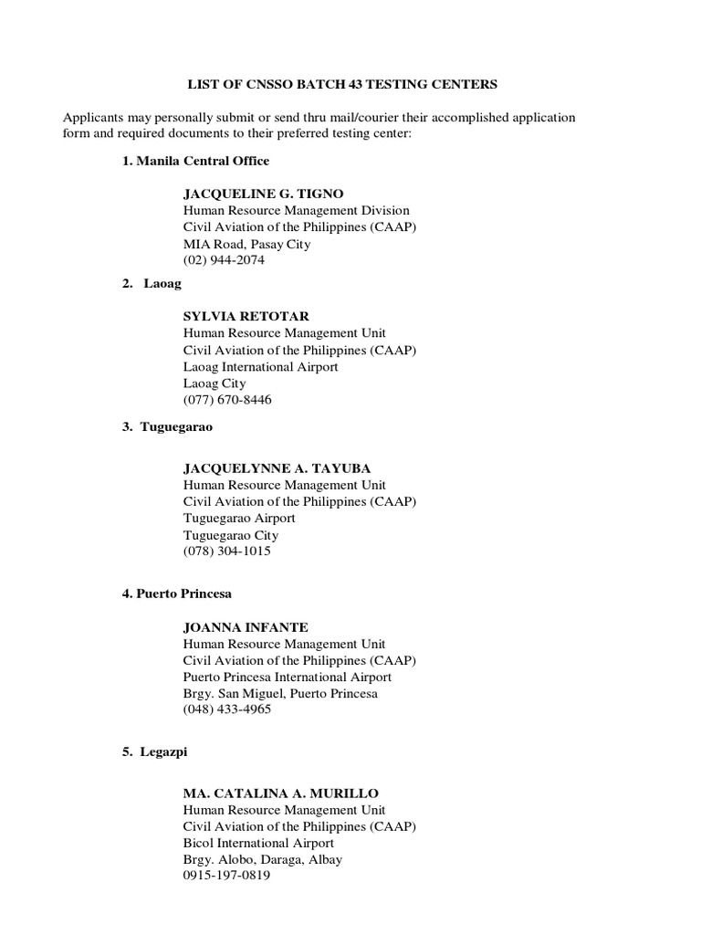 CNSSO Batch 43 Testing Centers List | PDF | Economy Of The Philippines ...