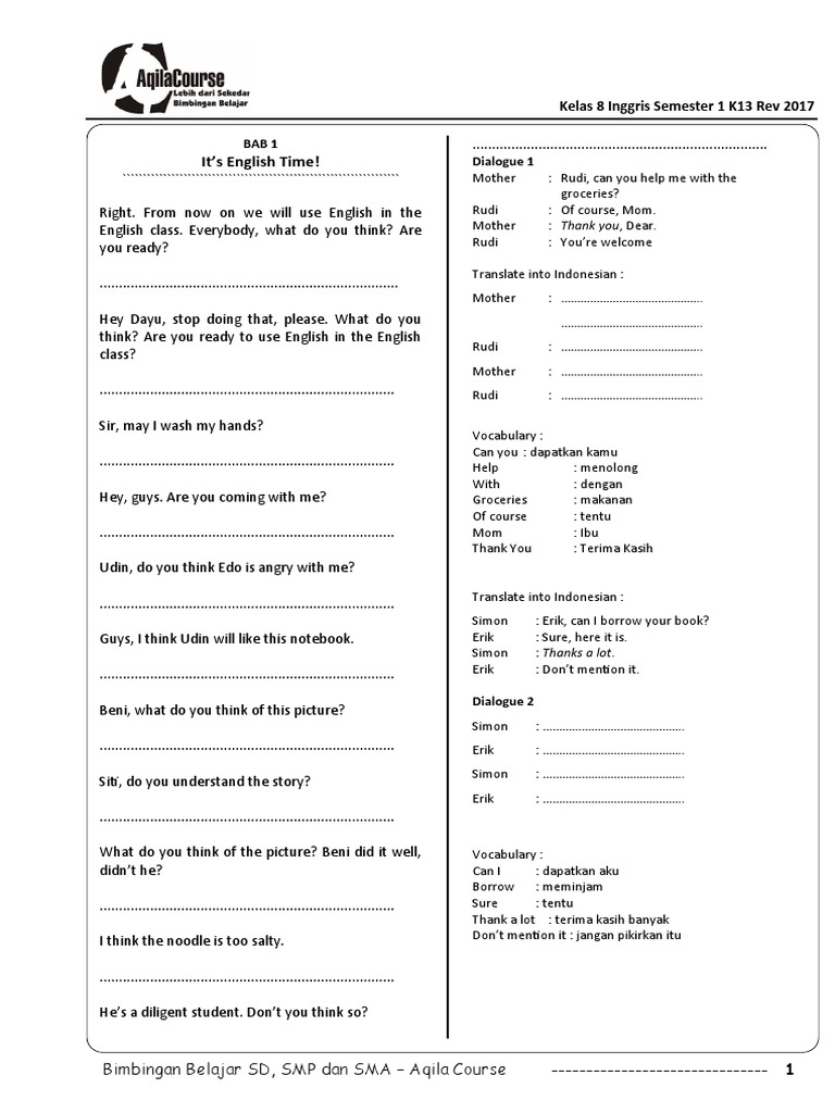 It's English Time!: Bab 1 Dialogue 1 | PDF