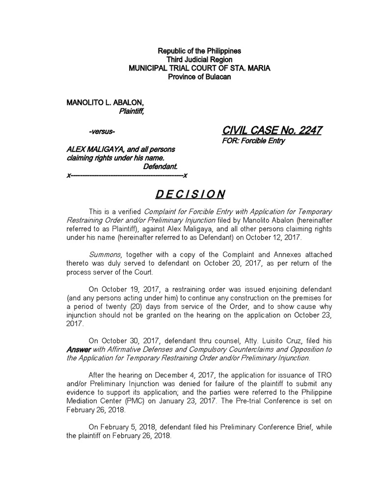 Sample Decision Forcible Entry | Download Free PDF | Lawsuit | Injunction