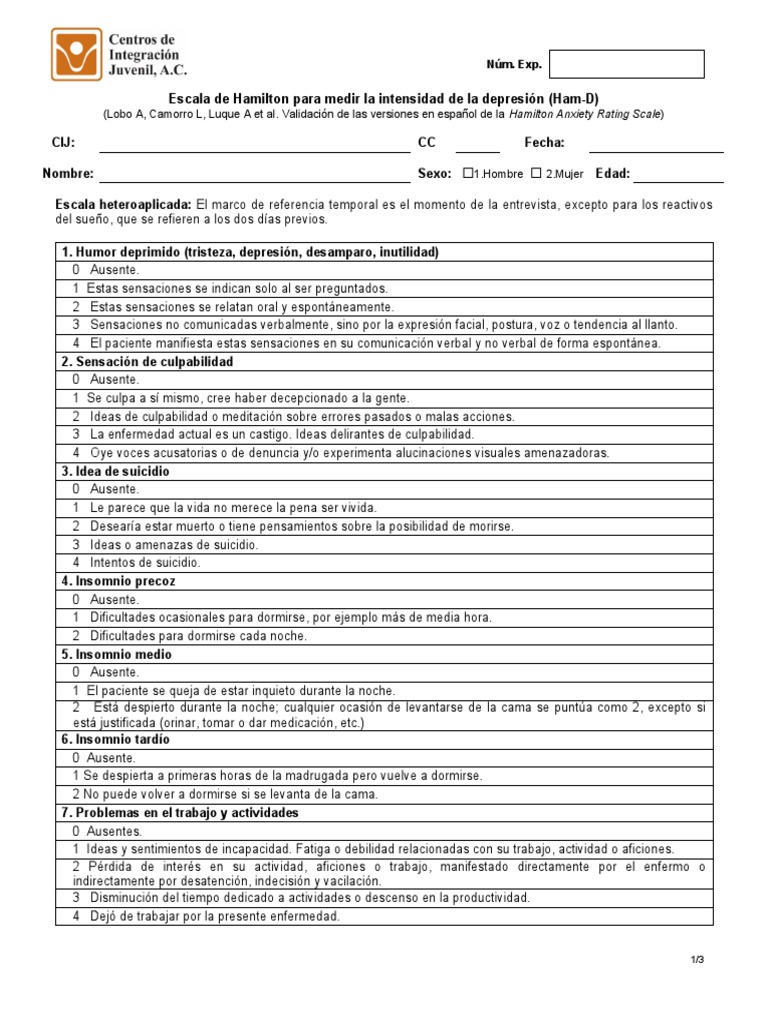 Escala de Depresión Hamilton | PDF | Depresión (estado de ánimo ...