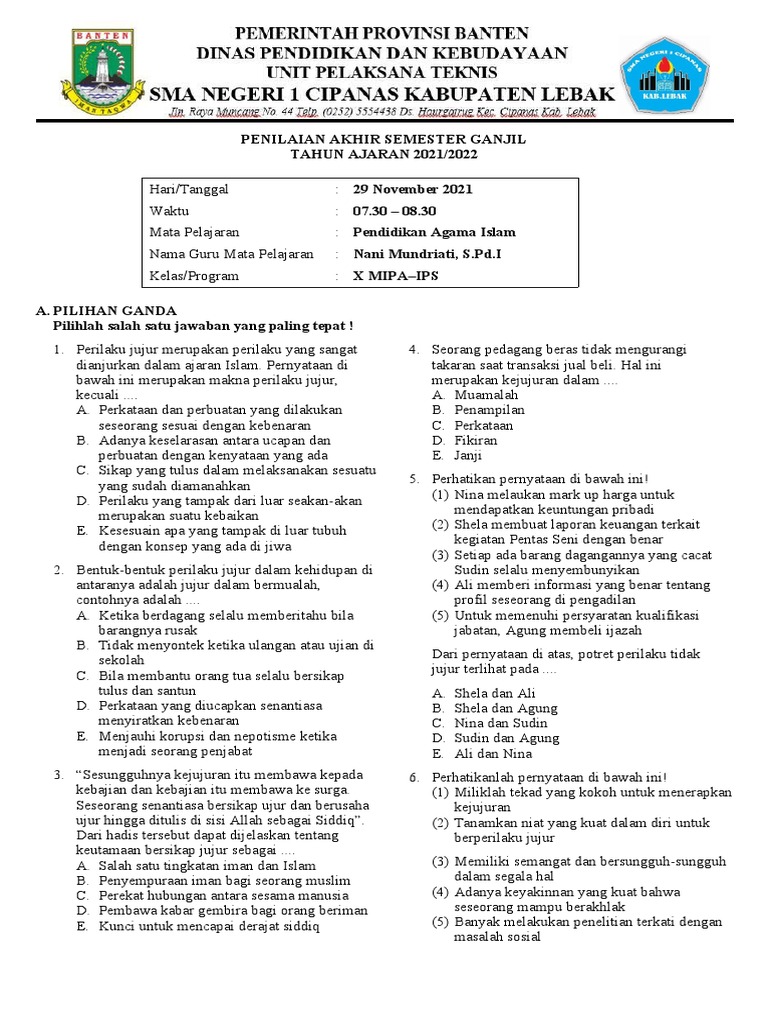 Soal Pas Ganjil Pai Kelas X TP 21-22 Sma | PDF | Agama & Spiritualitas