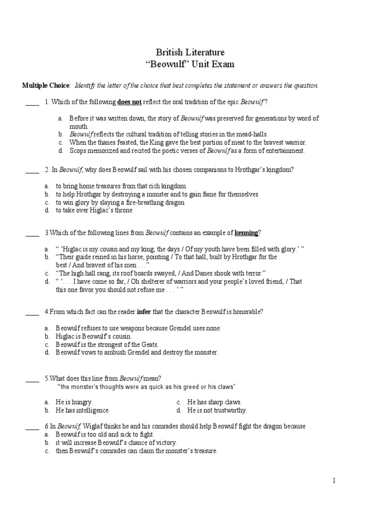 Beowulf Test | PDF | Beowulf | English Heroic Legends
