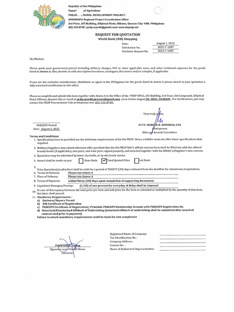 RFQ - PRDP - MIMAROPA - 2022-7-1687 - FVA - Romblon | PDF