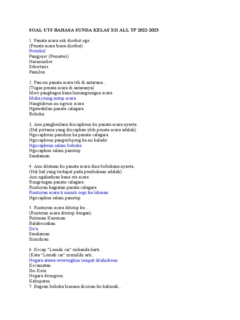 Kisi-Kisi Buat Siswa - Soal MC Bahasa Sunda-1 | PDF