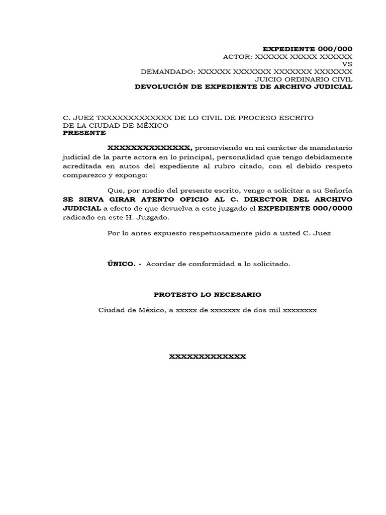 Escrito Solicitando La Devolución de Expediente Del Archivo Judicial | PDF | Política | Derecho