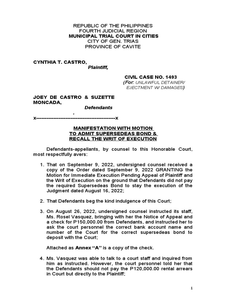 Motion to Admit Supersedeas Bond | PDF | Supersedeas Bond | Lawsuit