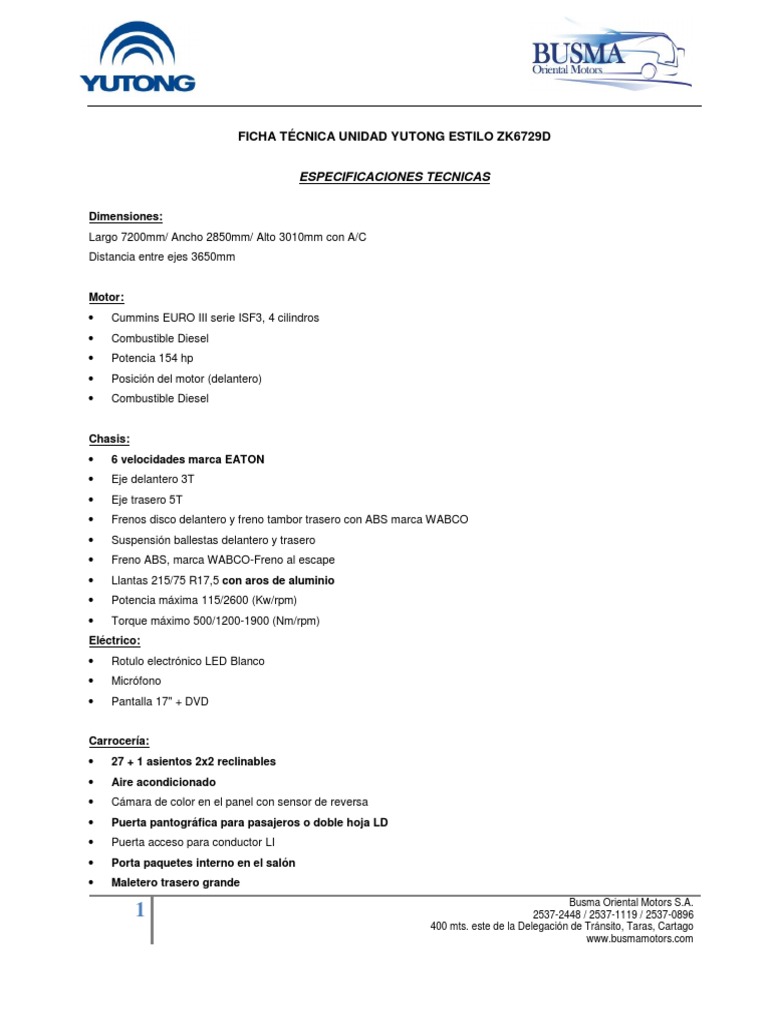 Ficha Técnica Unidad Yutong Estilo ZK6729D V7 | PDF | Industria automotriz | Vehículos con ...